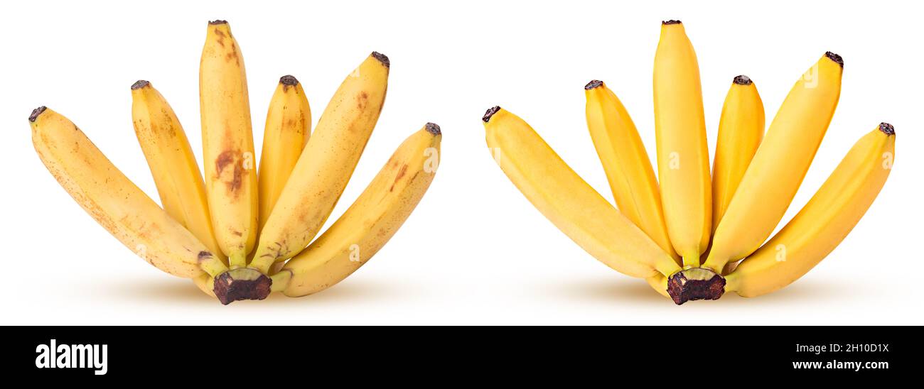 Bunch of bananas before processing, and after isolated on white ...