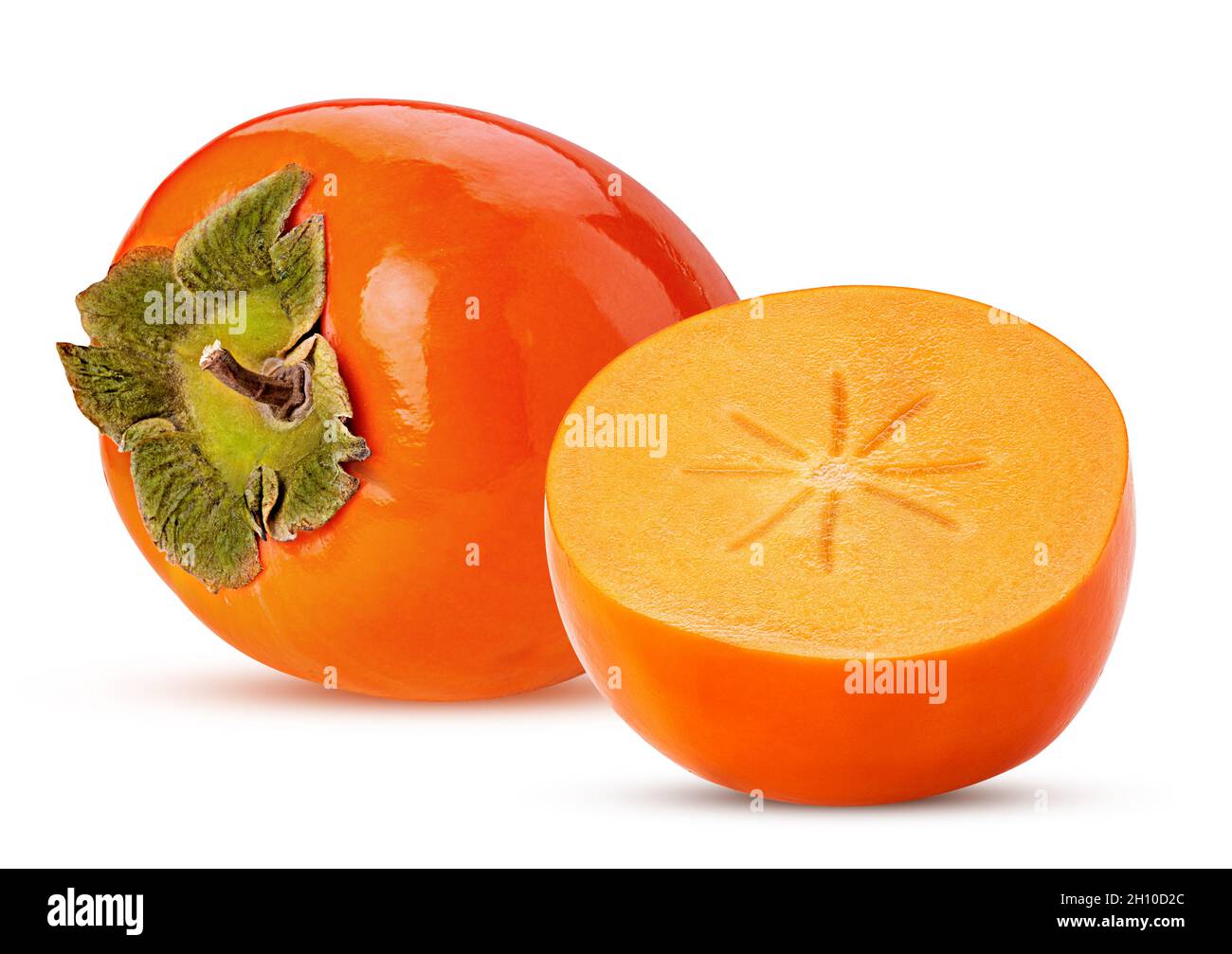 Persimmon fruit and one cut in half isolated on white background ...
