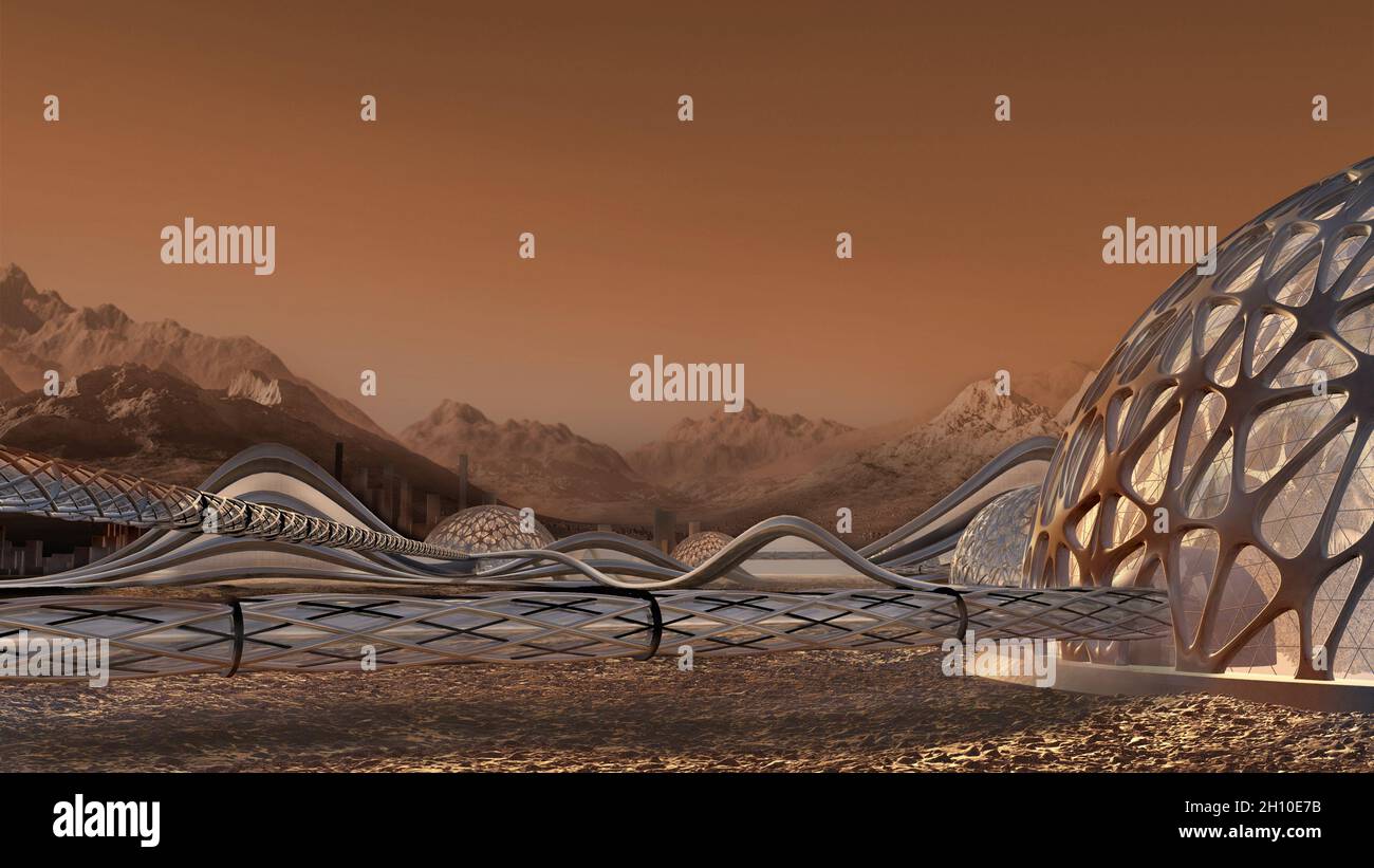 3D rendered Mars colony with futuristic architecture, dome structures ...