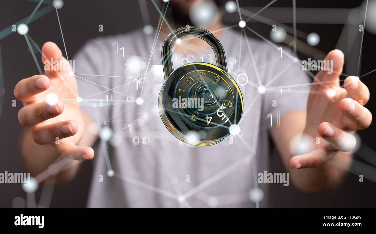 3D rendering of digital padlock with binary codes floating in between hands-cybersecurity ...