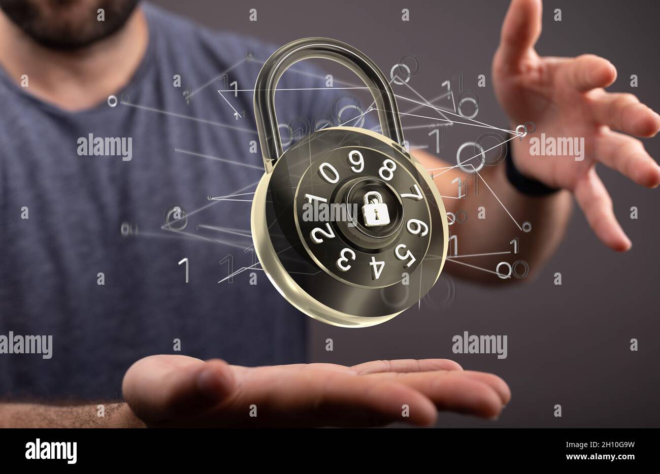 3D rendering of digital padlock with binary codes floating in between hands-cybersecurity ...