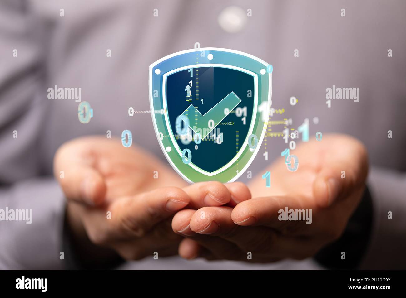 3D rendering of digital shield with check floating over hands ...