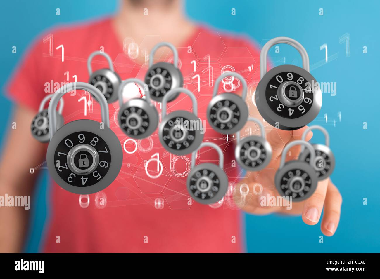 3D rendering of digital padlocks with hand touching it from behind-cybersecurity concept Stock ...