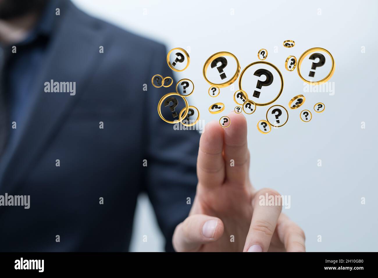 3D rendering of digital question marks with hand touching it from behind-Business problem ...