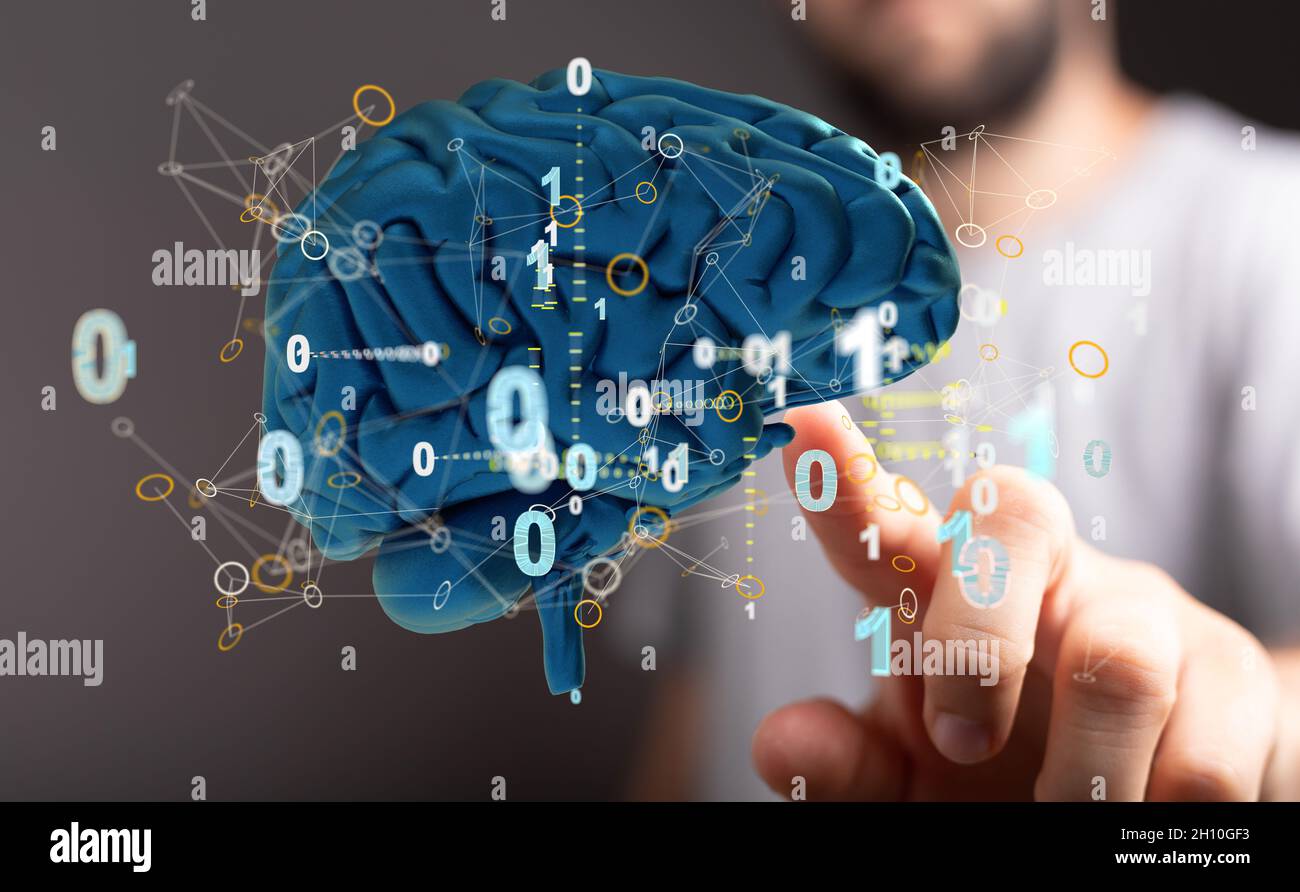 3D rendering of digital brain with hand touching it from behind-brain ...