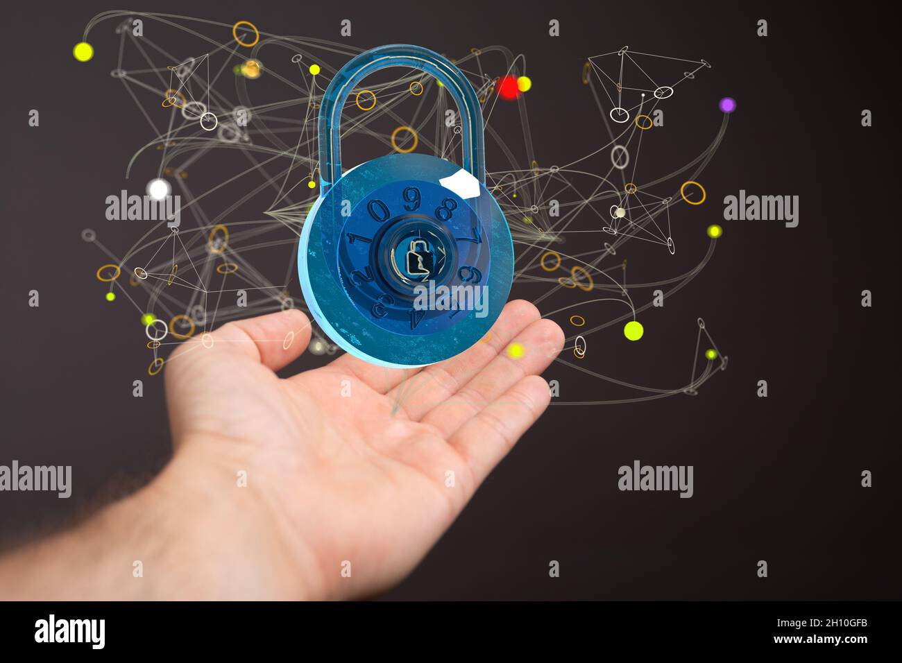 3D rendering of digital padlock with binary codes floating on hand ...
