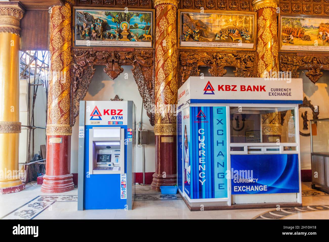 YANGON, MYANMAR - DECEMBER 16, 2016: ATM and a currency exchange at ...