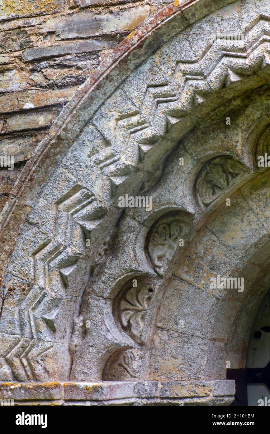 Detail of carved Norman doorway at St Anthony's Church in Place on the ...