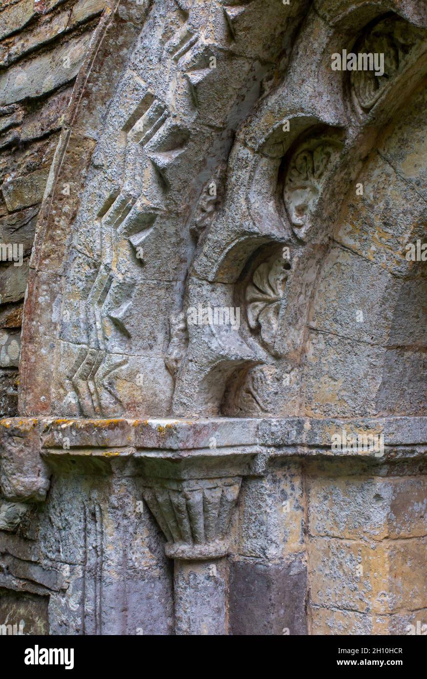 Detail of carved Norman doorway at St Anthony's Church in Place on the ...