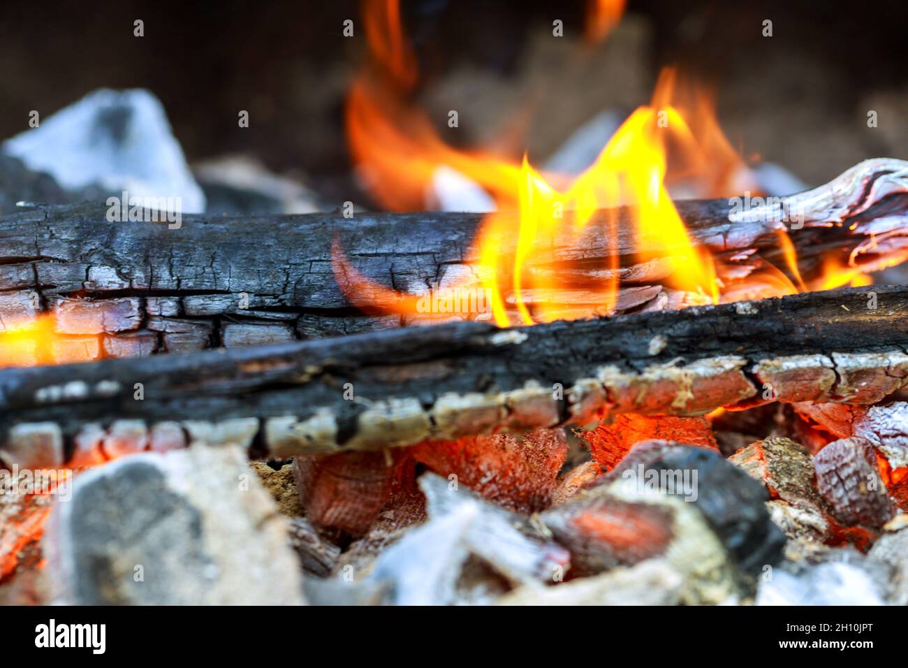 Fireplace, fire explosion blasts close-up of burning fire flames ...