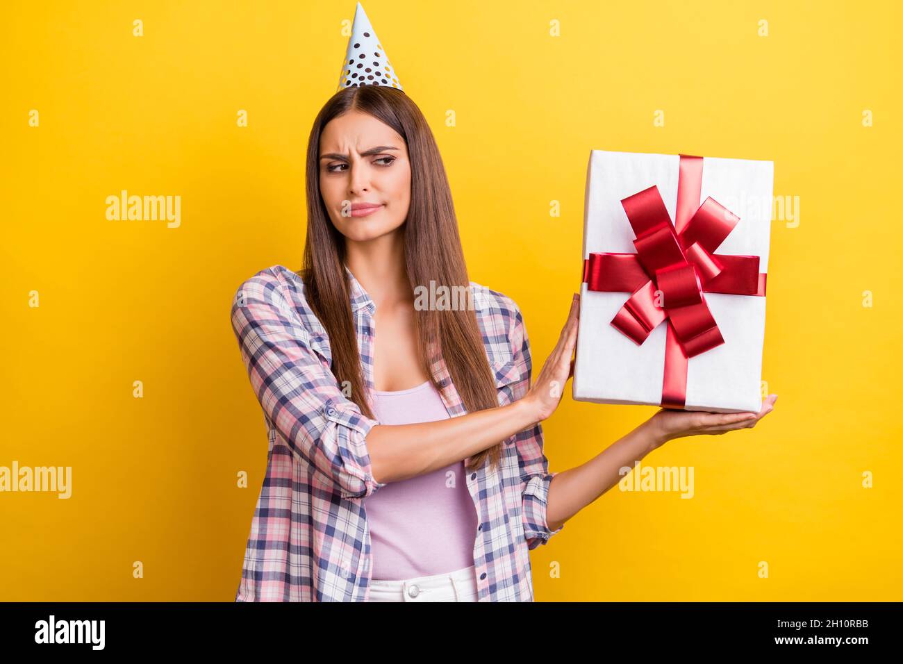 Photo of young woman unhappy sad dislike refuse present box surprise ...