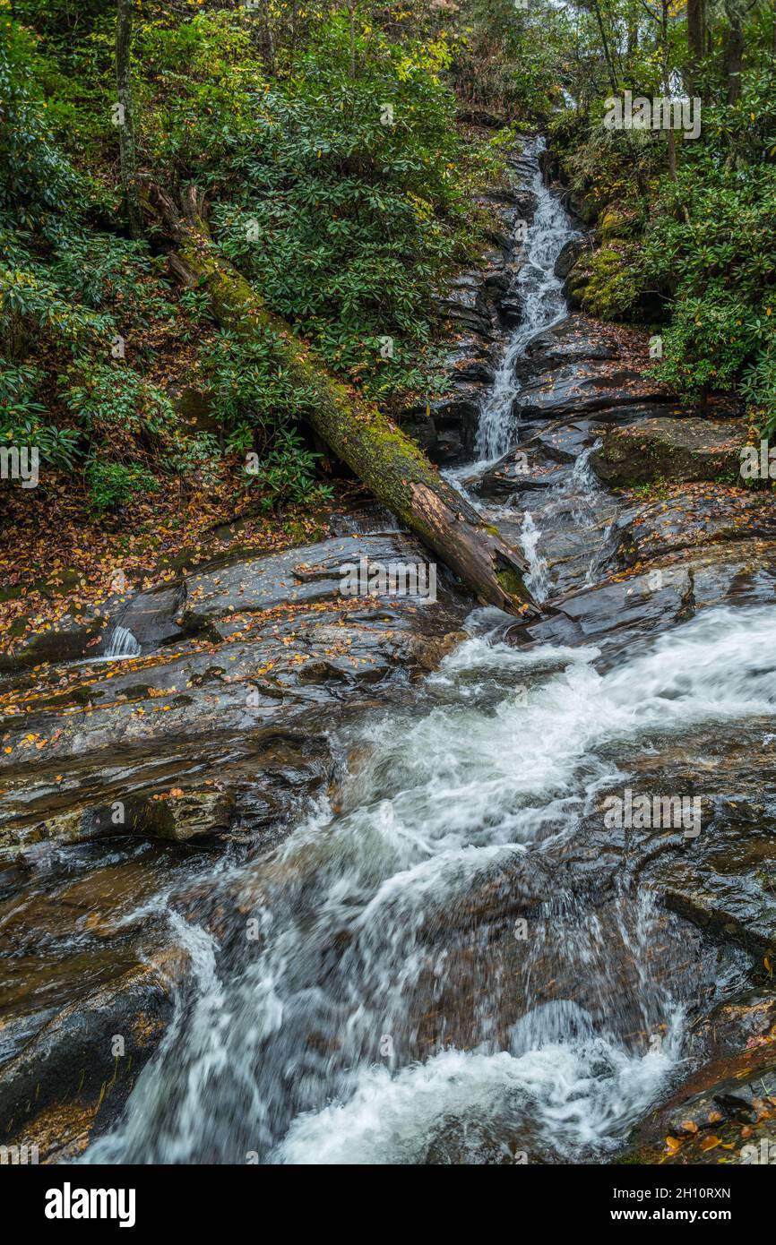 A partial view closeup of the waterfall and creek merging together on ...