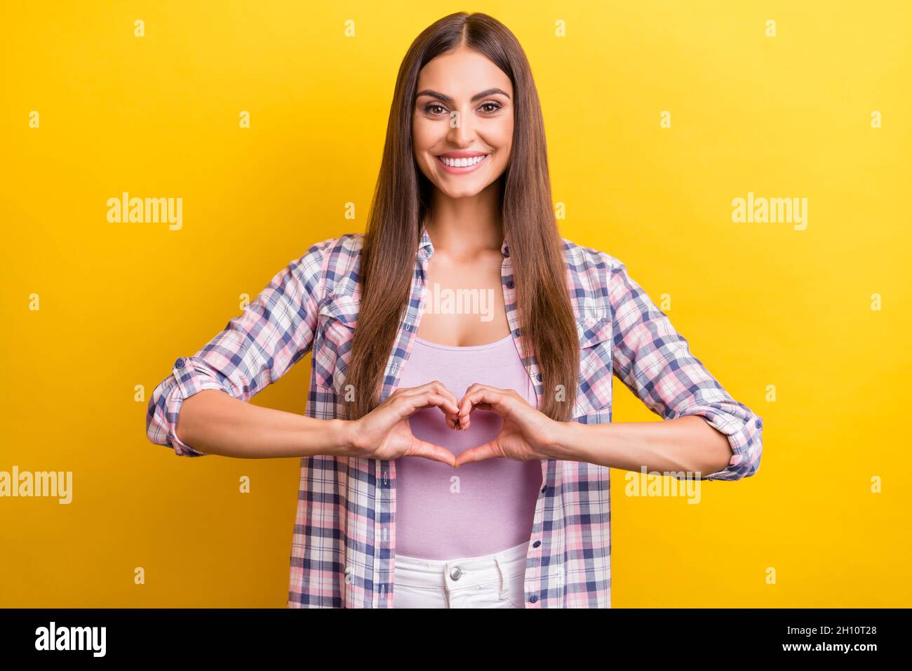 Photo of young woman happy positive smile show fingers heart symbol ...