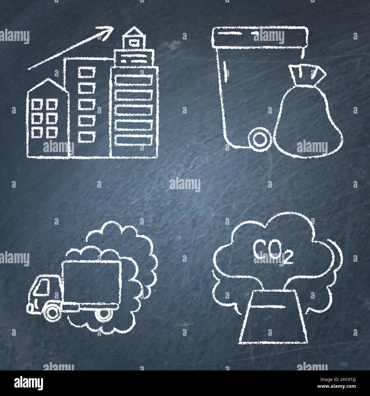 Chalkboard icon set - causes of climate change. Carbon emissions, air ...