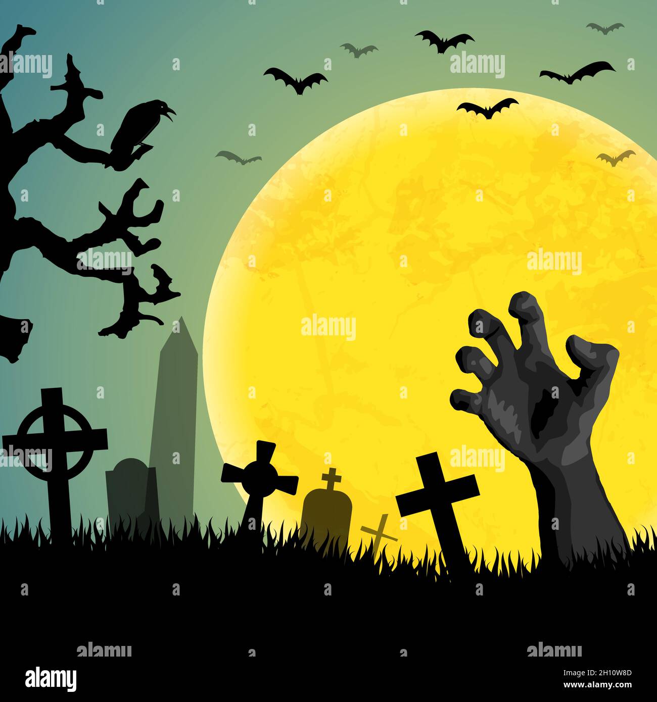 zombie hand in front of full moon with scary illustrated graveyard ...