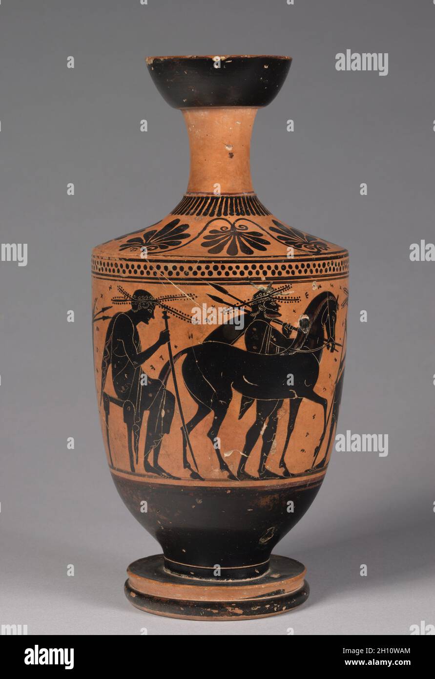 Black-Figure Lekythos (Oil Vessel): Seated Men, Warriors and Horse, c ...
