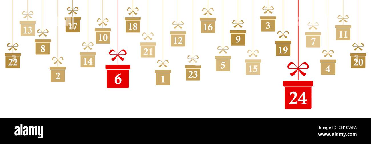 hanging christmas gifts colored gold with numbers 1 to 24 showing ...