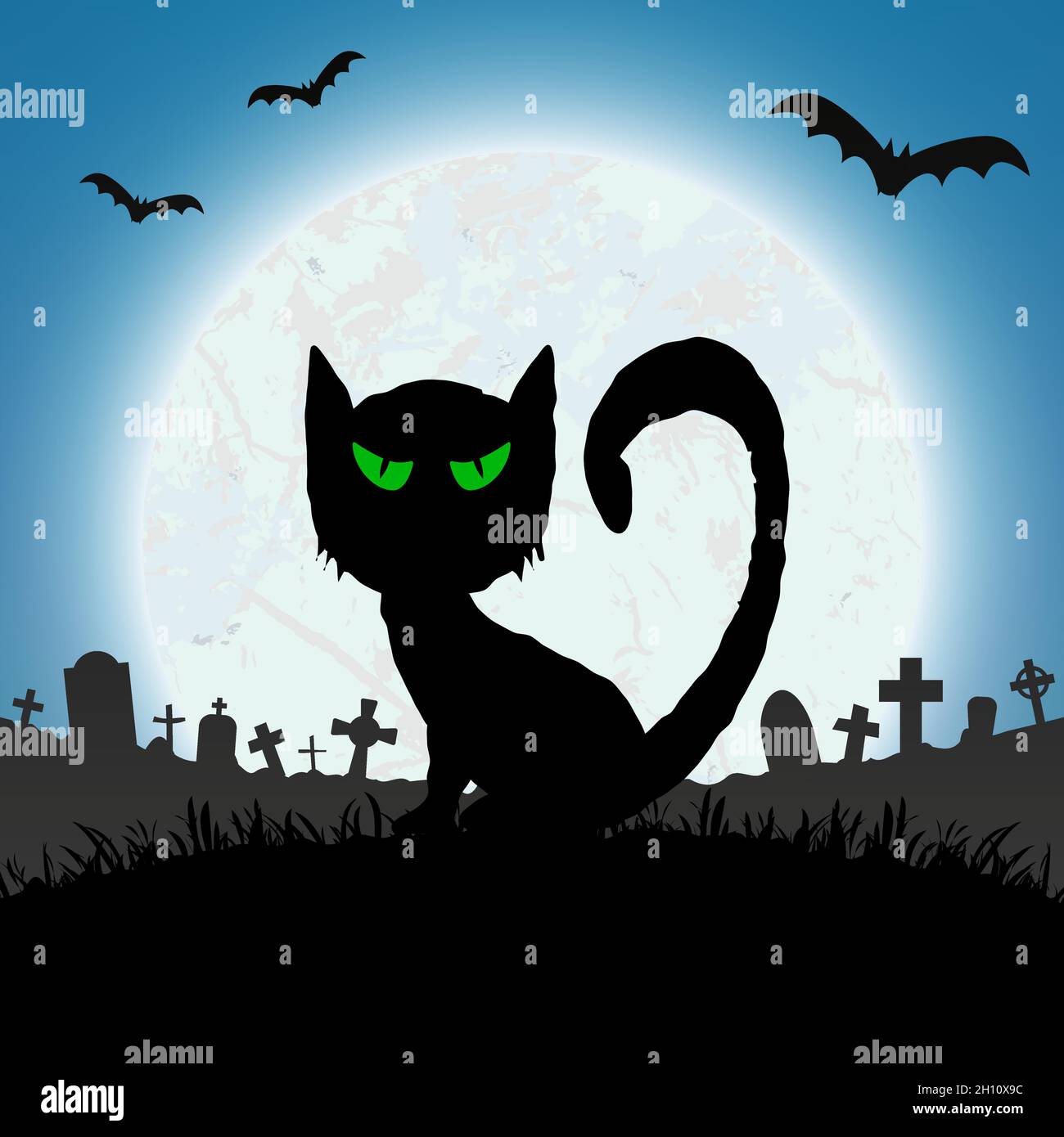spooky cat in front of a full moon with grave stones and other scary ...