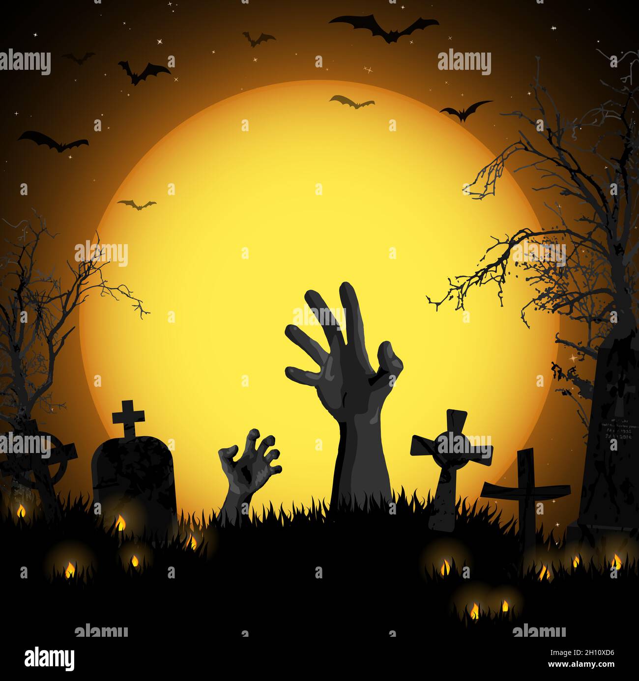 EPS 10 vector illustration with undead hands in front of full moon with ...
