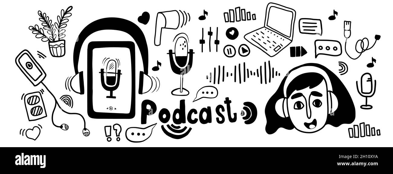 Podcast sketch concept. Girl in headphones and badges, podcaster speaks ...