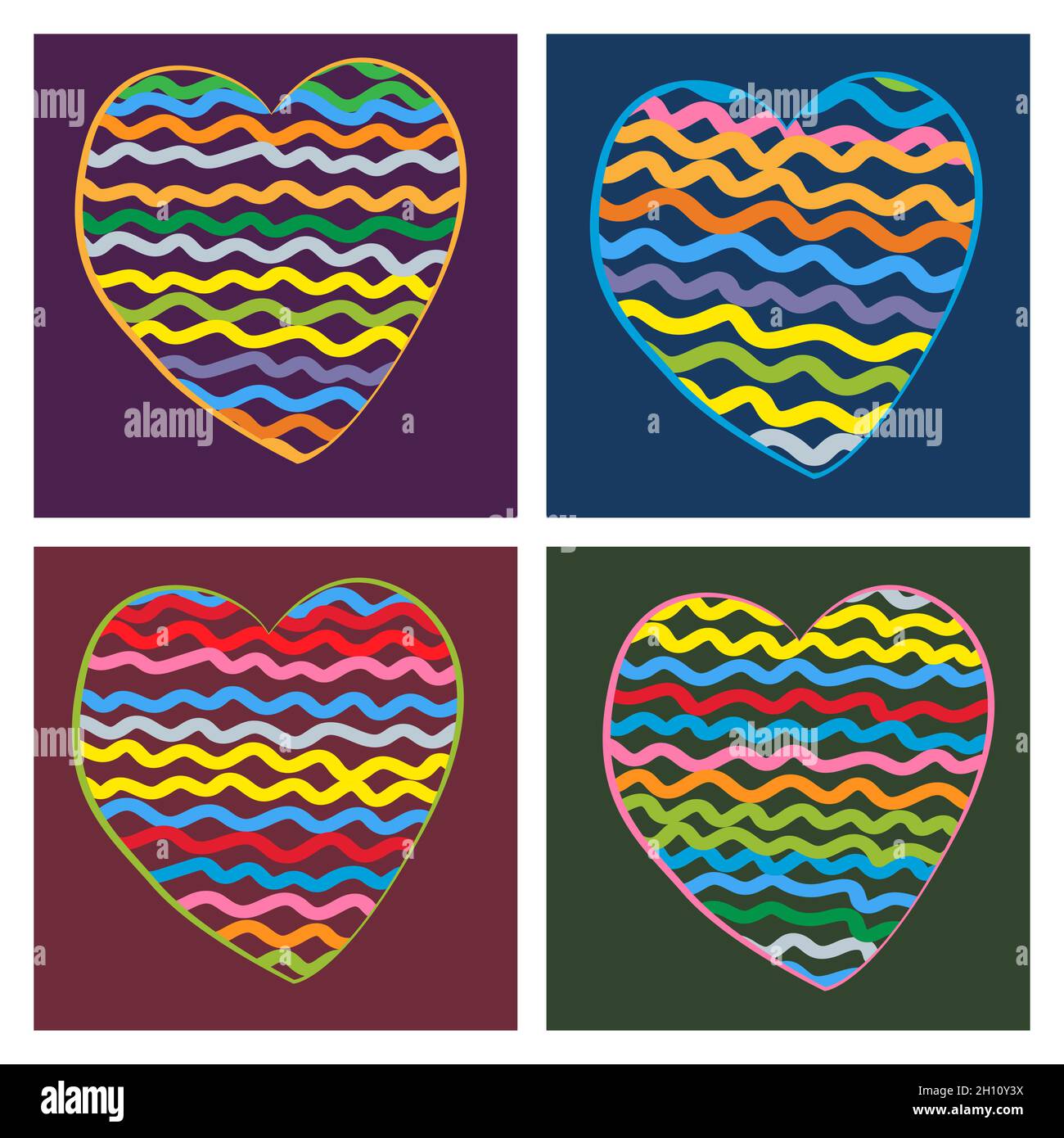 Cartoon rainbow Colourful wavy hearts. Hand drawn color art vector ...