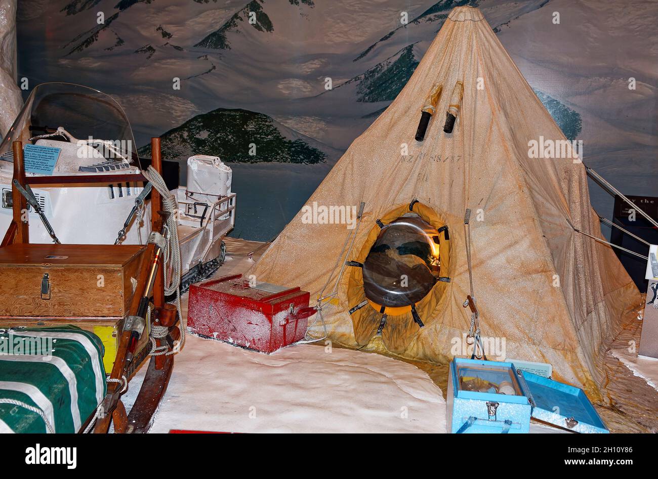 exhibit, Antarctic camping, tent, sled, supplies, snowmobile, cold ...