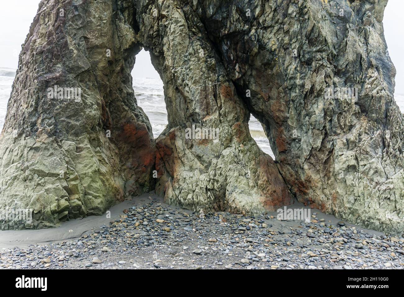 A detail shot of a rock monolith at Ruby Beach in Washington State ...