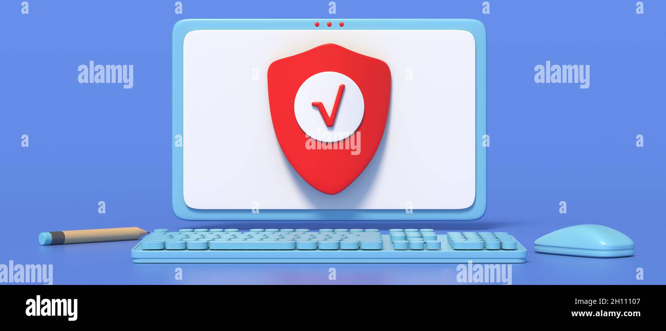 Computer virus shield sign on minimal desktop pc screen, blue ...