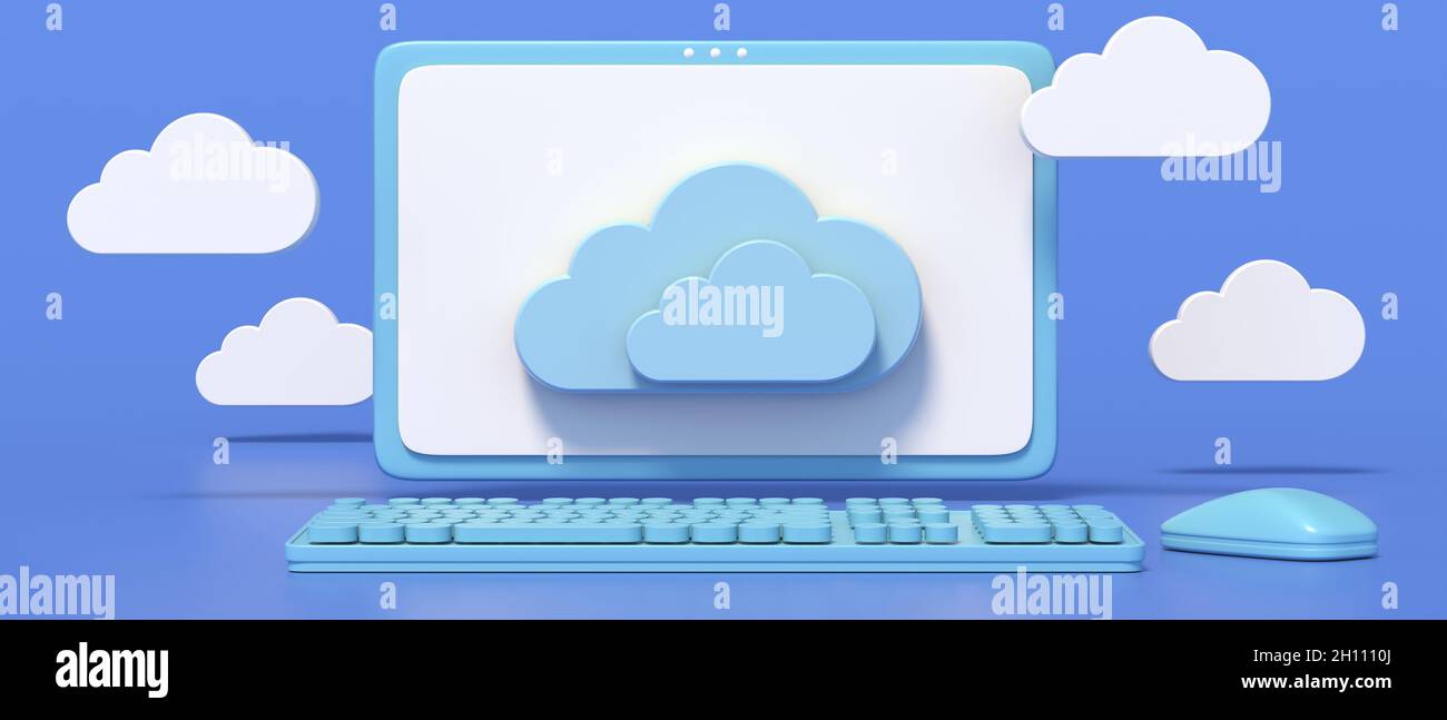 Cloud computing. Desktop computer minimal, keyboard mouse and clouds on ...