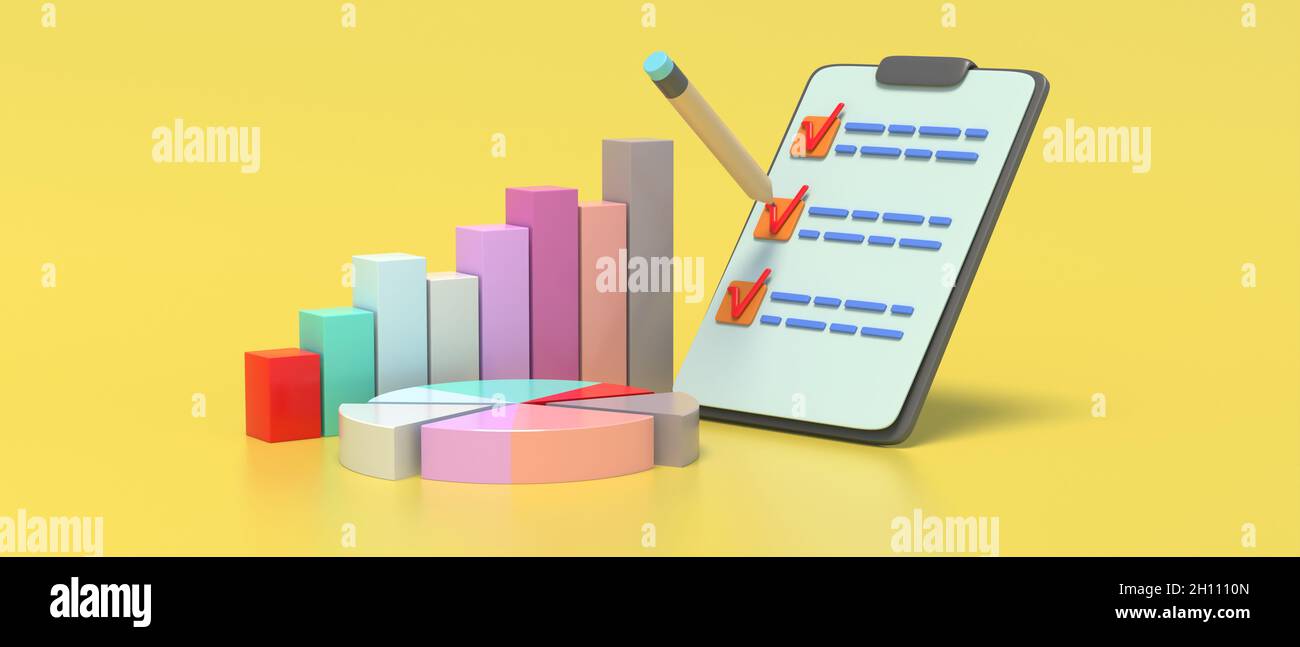 Business financial analysis, checklist tasks, charts and bars on yellow ...
