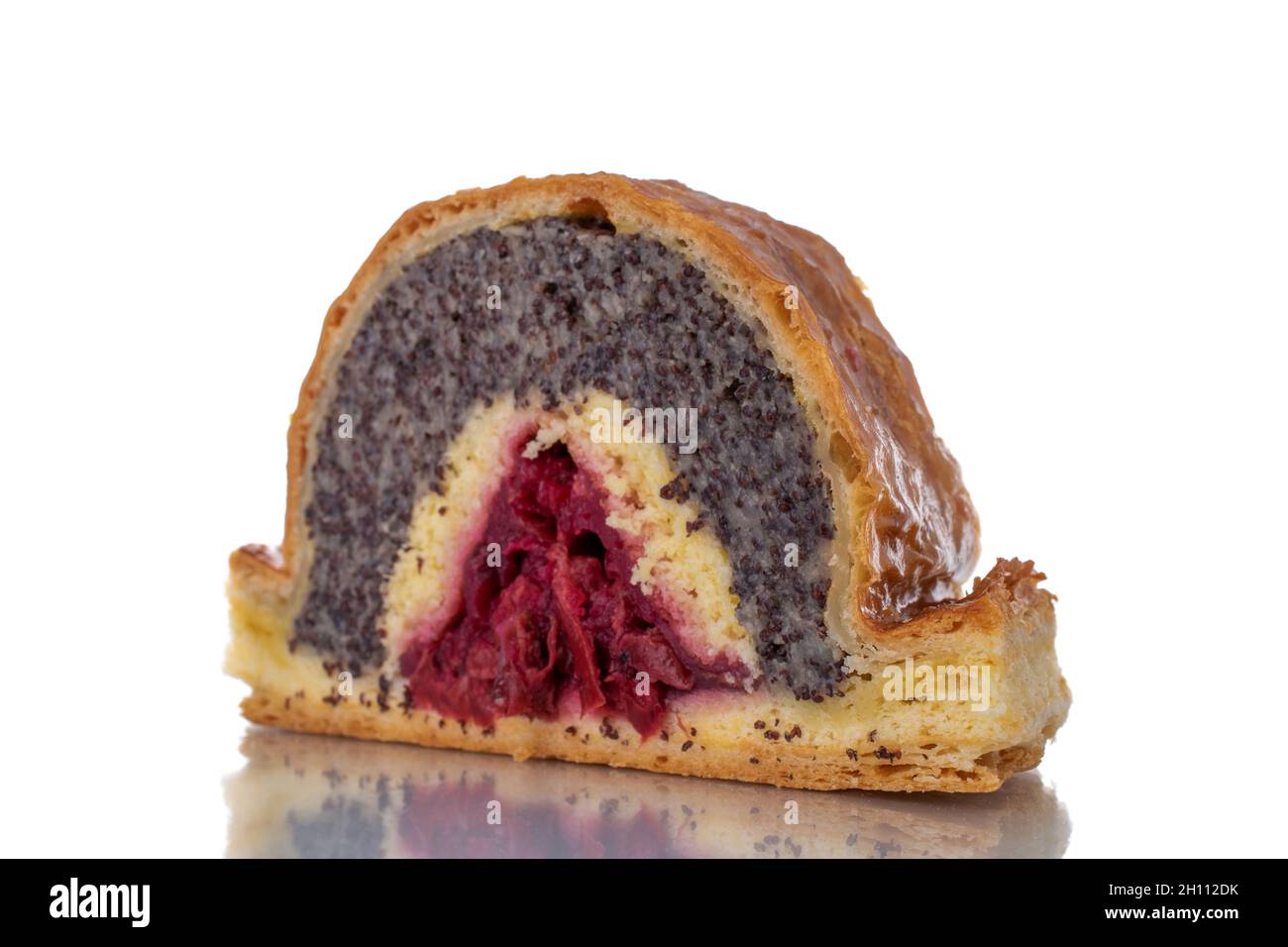 One piece of cherry-poppy strudel, close-up, isolated on white Stock ...