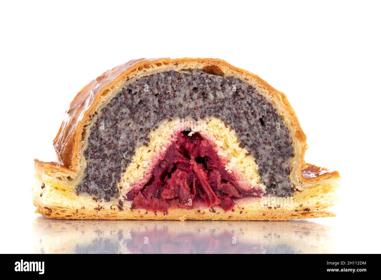One piece of cherry-poppy strudel, close-up, isolated on white Stock ...