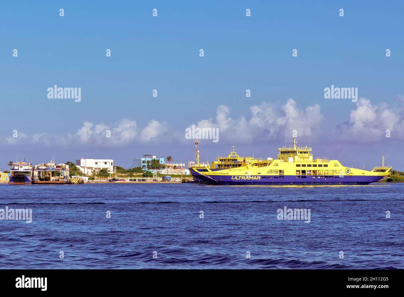 Ultramar ferry ship in the coast of Isla Mujeres, Mexico Stock Photo ...