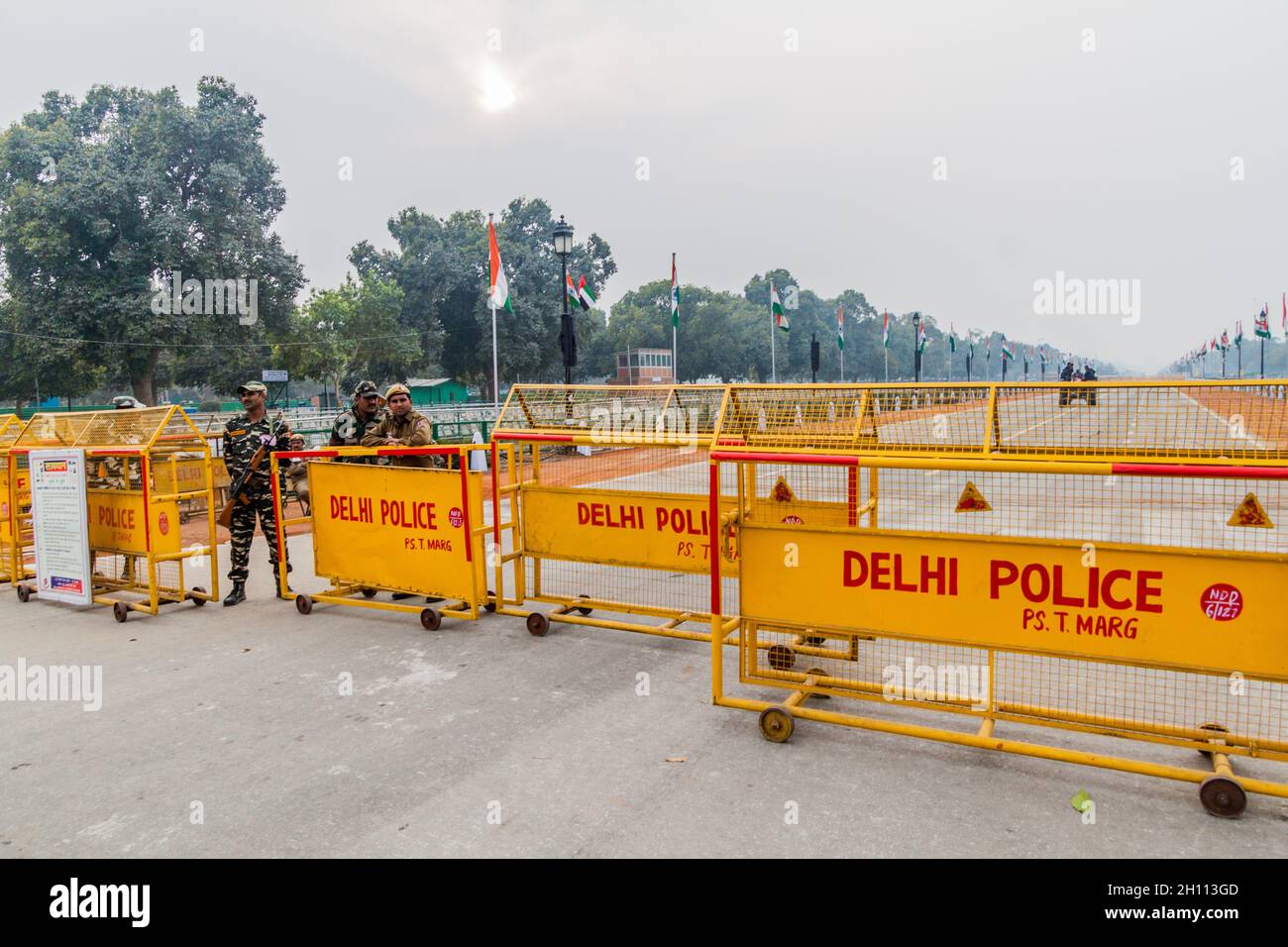 DELHI, INDIA - JANUARY 24, 2017: Police barriers at Rajpath road ...