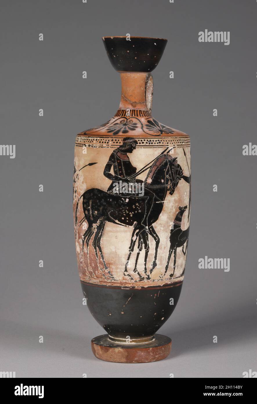 Black-Figure Lekythos (Oil Vessel): Horseman, Horse between Warriors ...