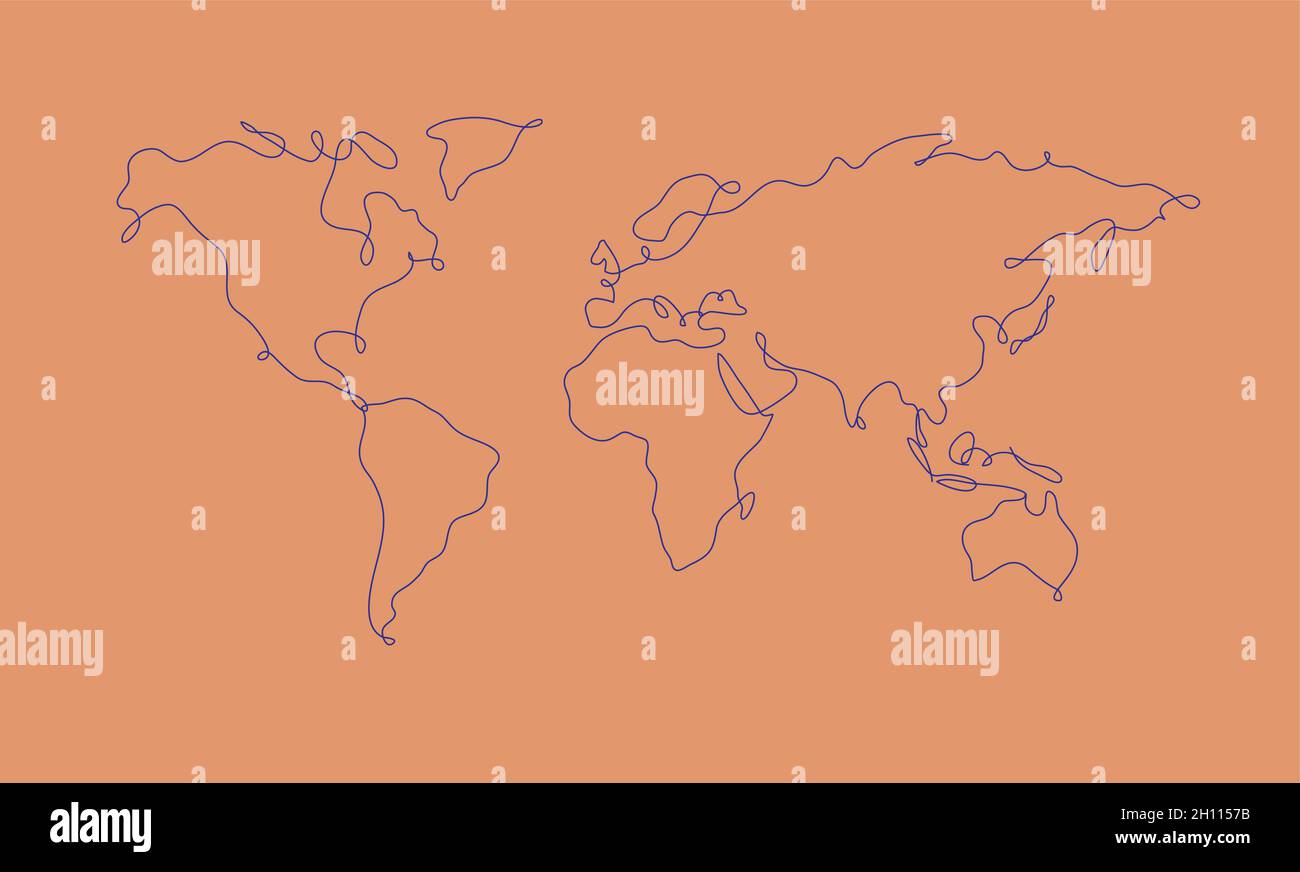 World map in pen line style drawing on salmon color background Stock ...
