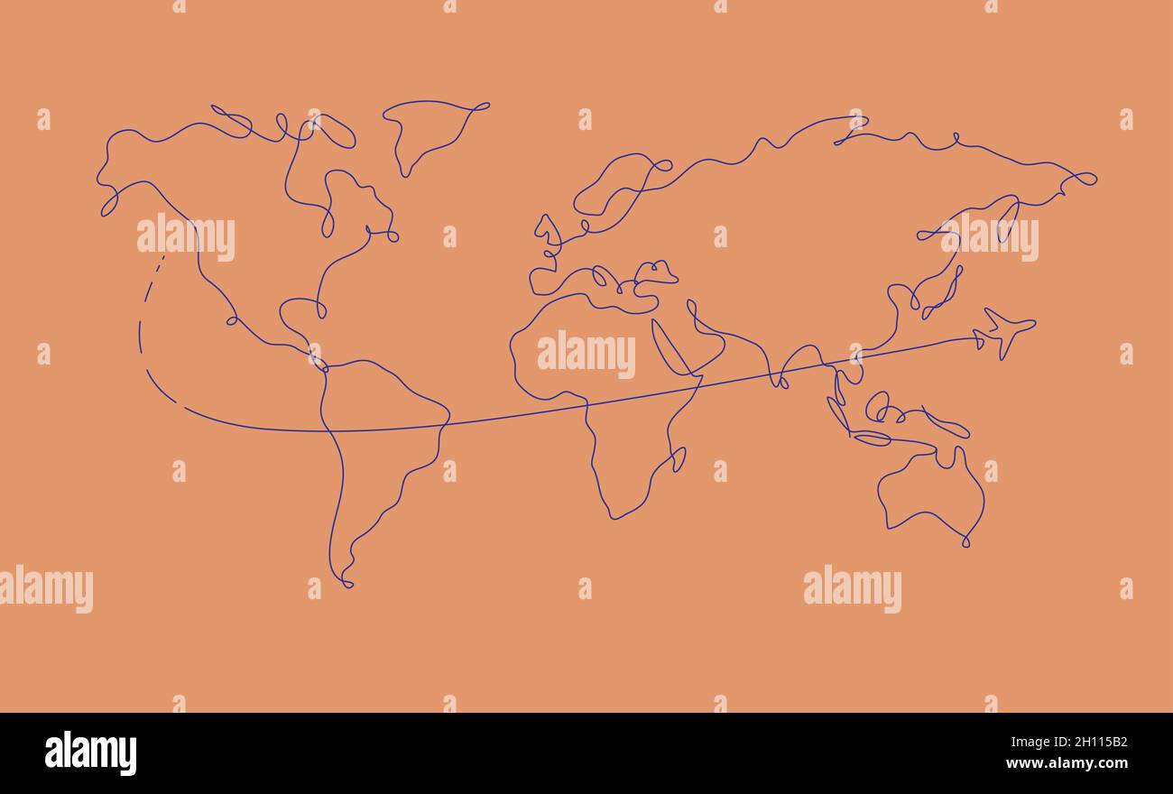 World map pen line plane travel drawing on salmon color background ...