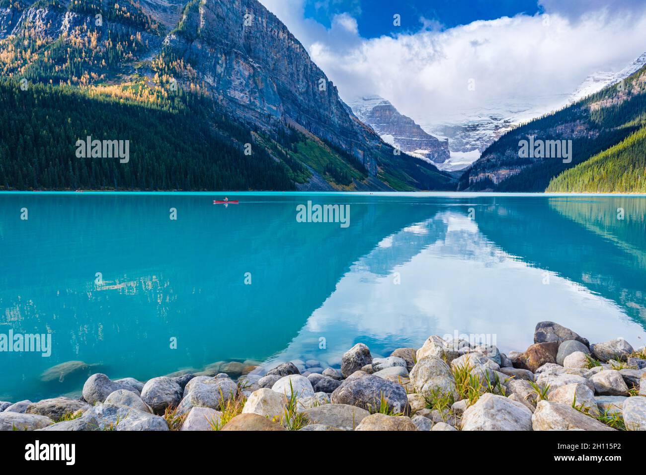 Lake Louise, Alberta, Canada - 29 September 2021: Man riding a Canoe on ...