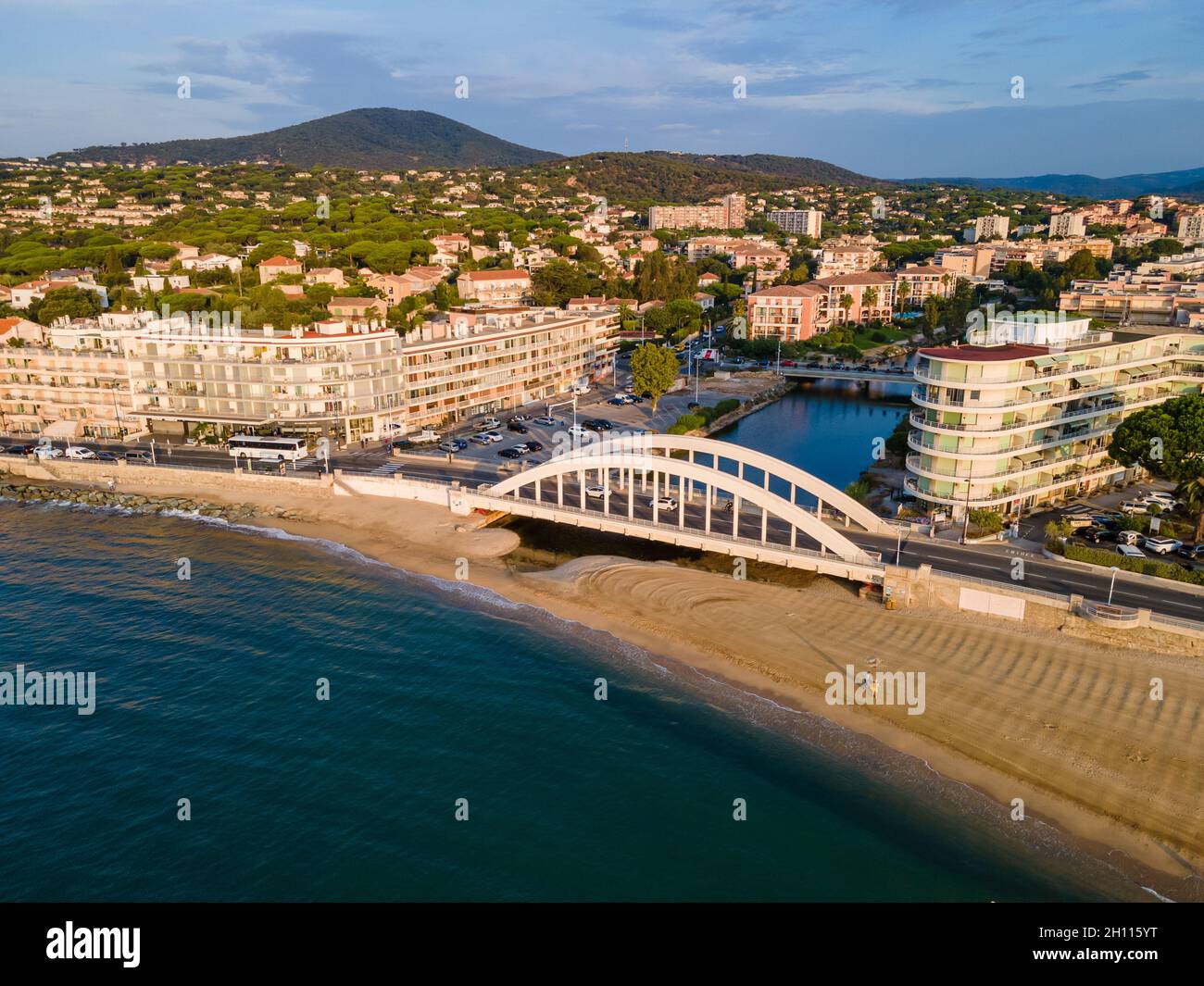Aerial view of Sainte-Maxime seafront and its famous bridge in French ...