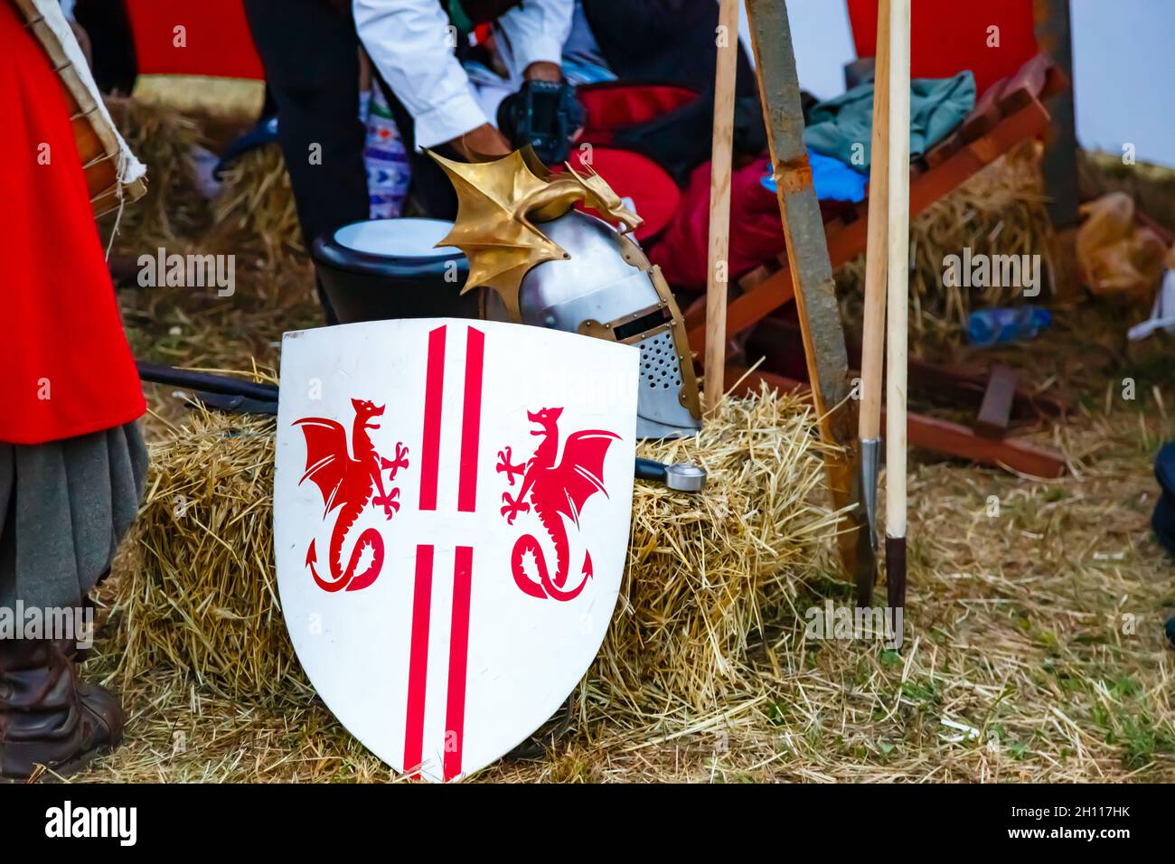 Vibrant red and white shield with the emblem of mythical dragons in the ...
