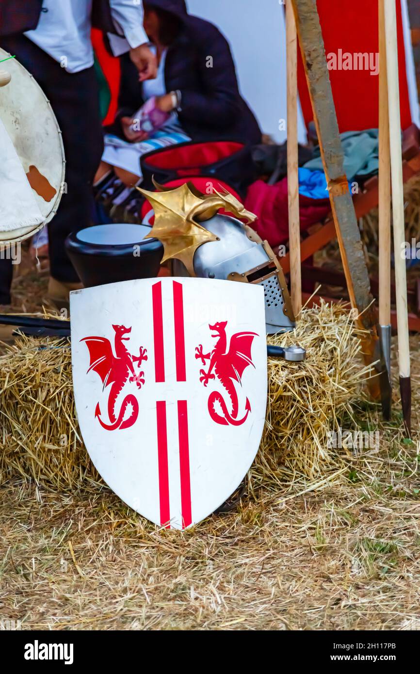 Vibrant red and white shield with the emblem of mythical dragons in the ...