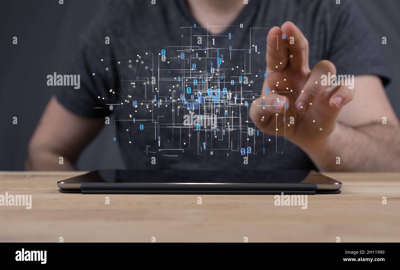 Illustration of binary codes and a human hand touching a transparent ...