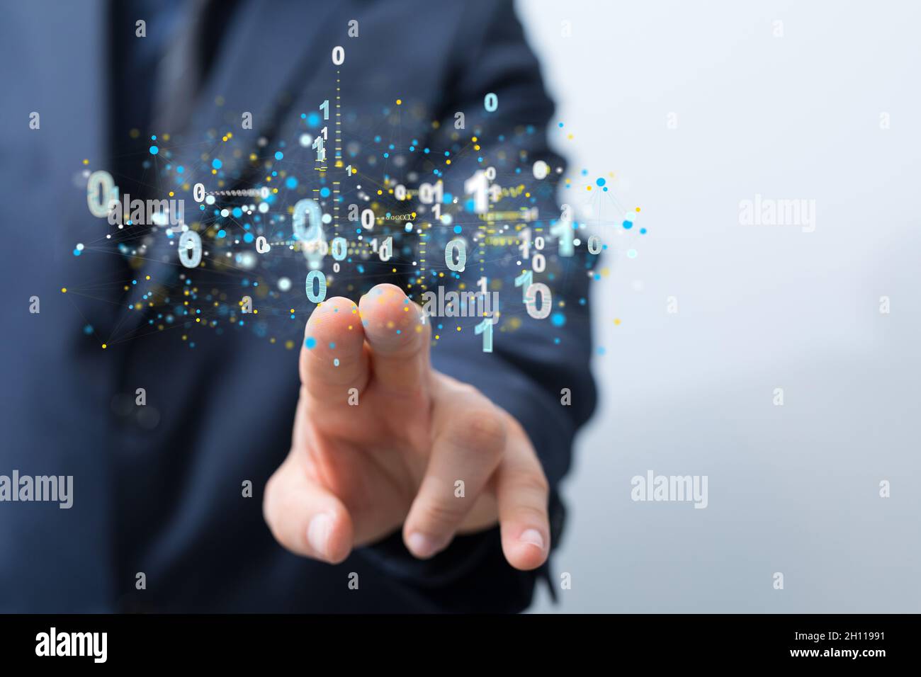 Illustration of binary codes and a human hand touching a transparent ...