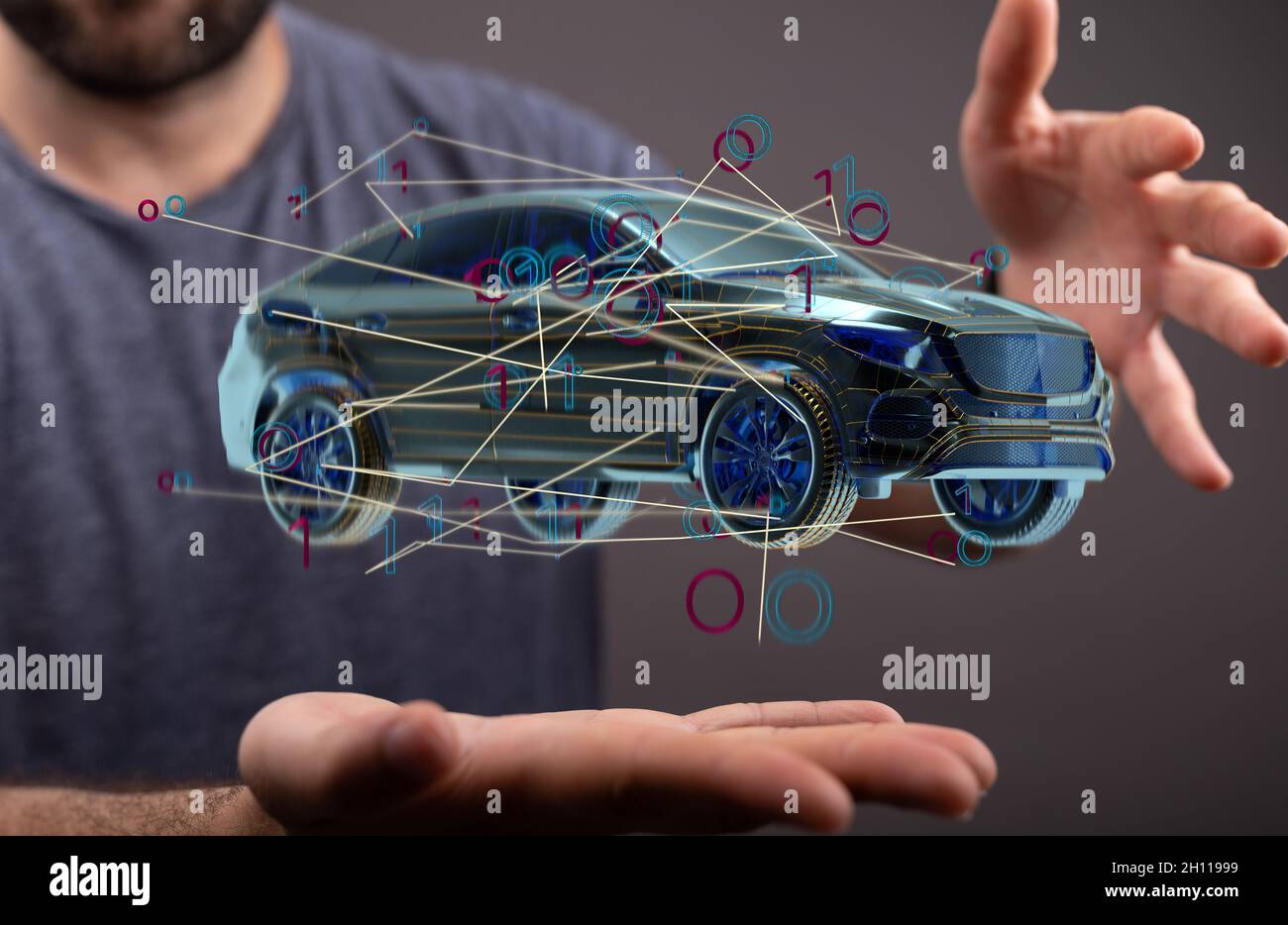 3d rendering of an Electro car floating in between hands ...