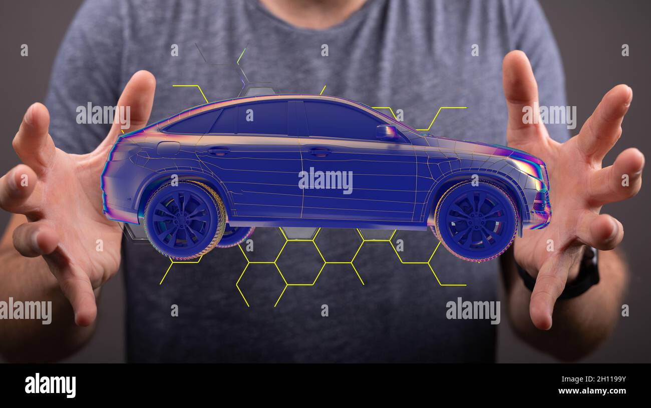3d rendering of an Electro car floating in between hands ...