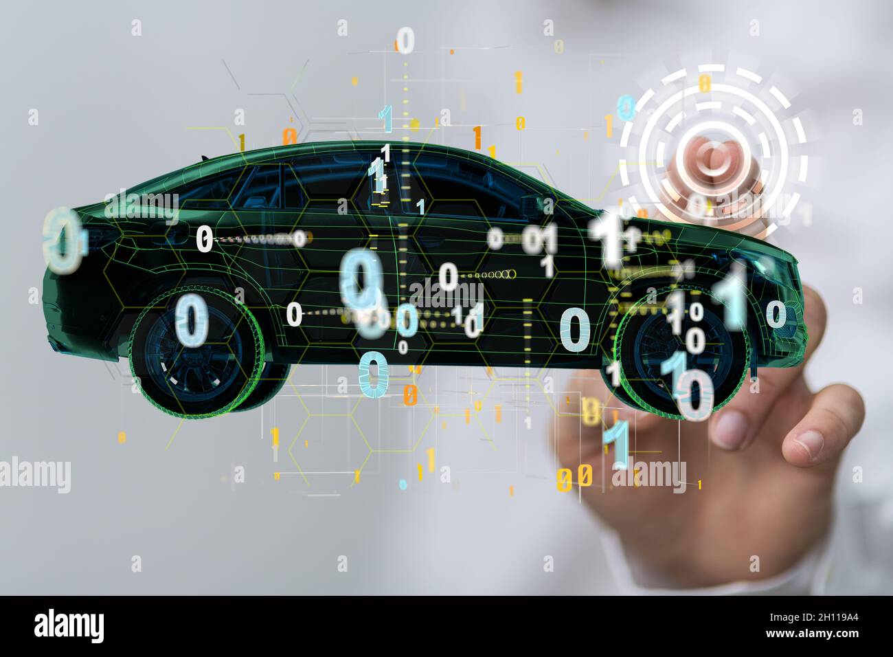 3d rendering of floating Electro car with hand touching it from behind ...