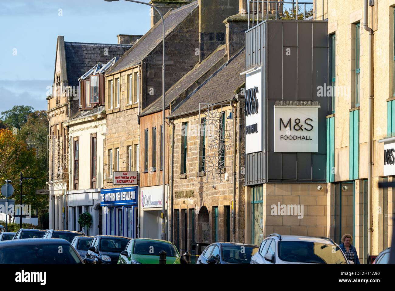 15 October 2021. Elgin, Moray, Scotland, UK. This is a street scene ...