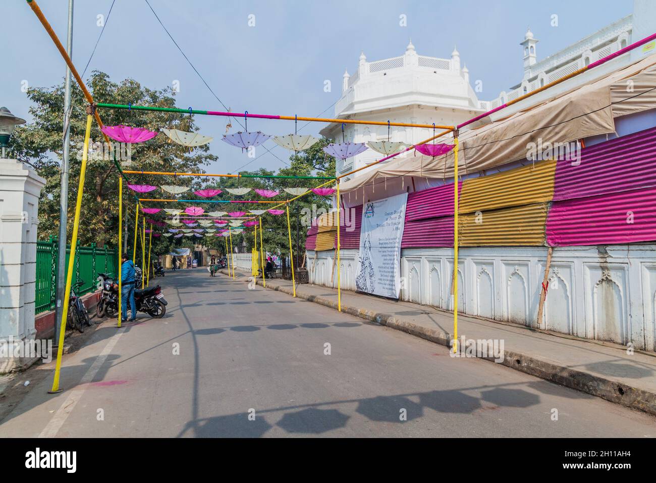 LUCKNOW, INDIA - FEBRUARY 3, 2017: Umbrella decorated street in Lucknow ...