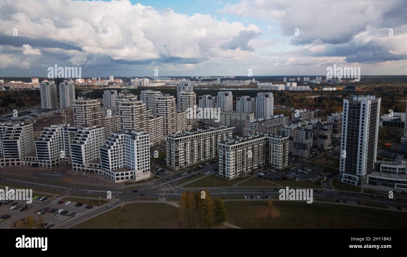 Modern city blocks in cloudy weather. Aerial photography of modern ...