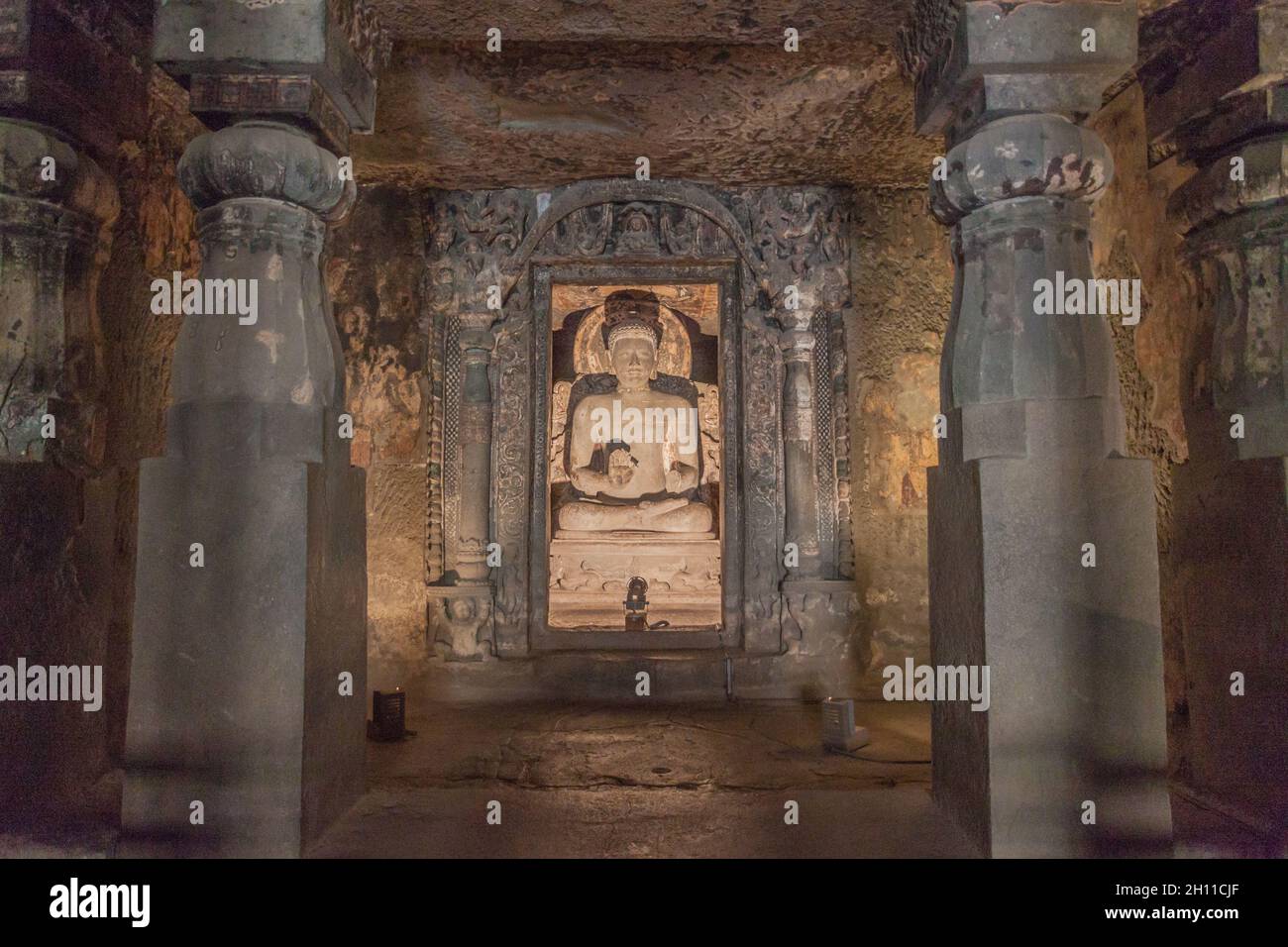 AJANTA, INDIA - FEBRUARY 6, 2017: Buddha image in a monastery carved ...